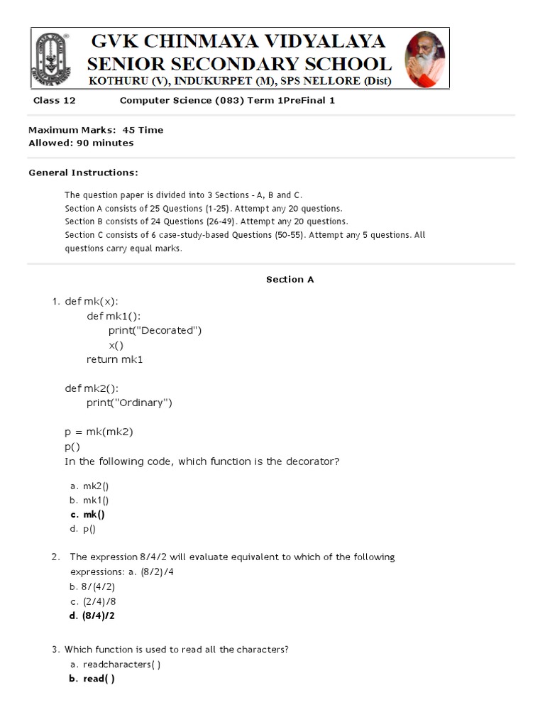 Class 12 Computer Science (083) Term 1prefinal 1 Maximum Marks: 45 Time ...
