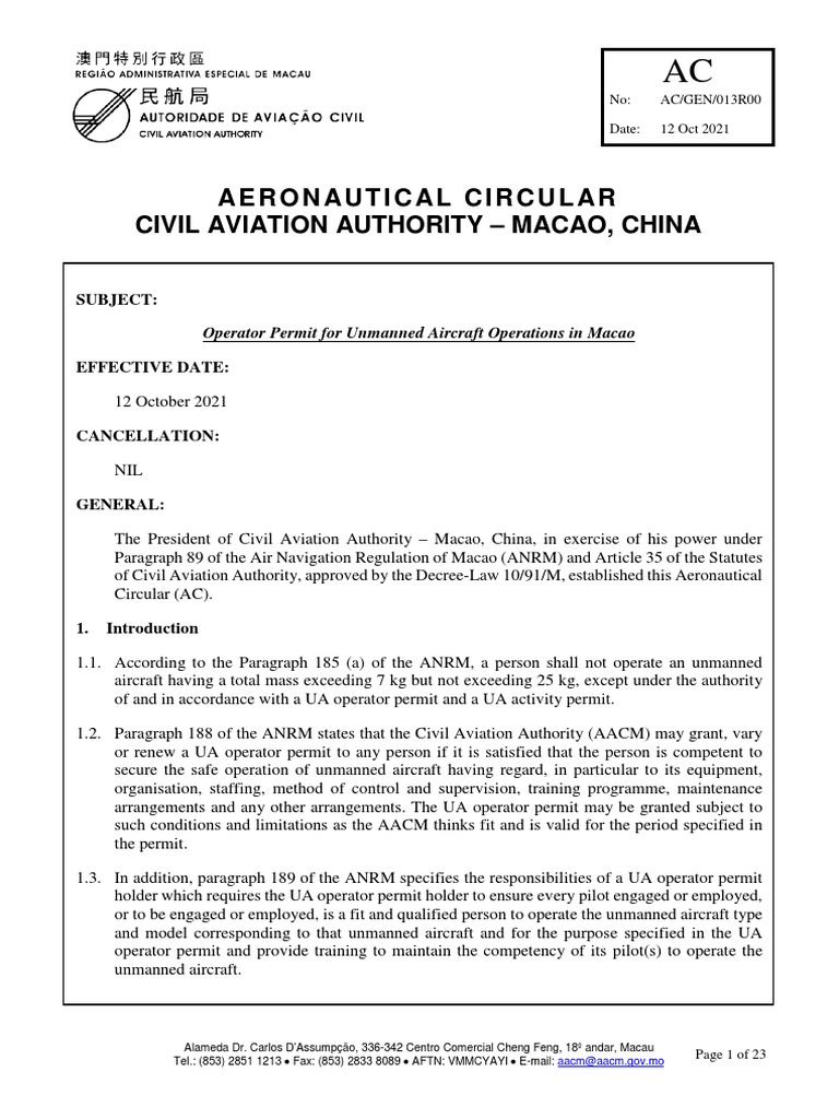 Macau Operations Permit For Unman Aircraft | PDF | Unmanned Aerial ...