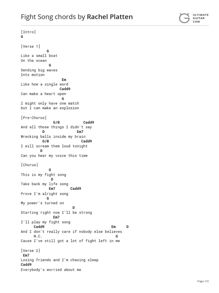 Fight Song Chords by Rachel Plattentabs at Ultimate Guitar Archive ...