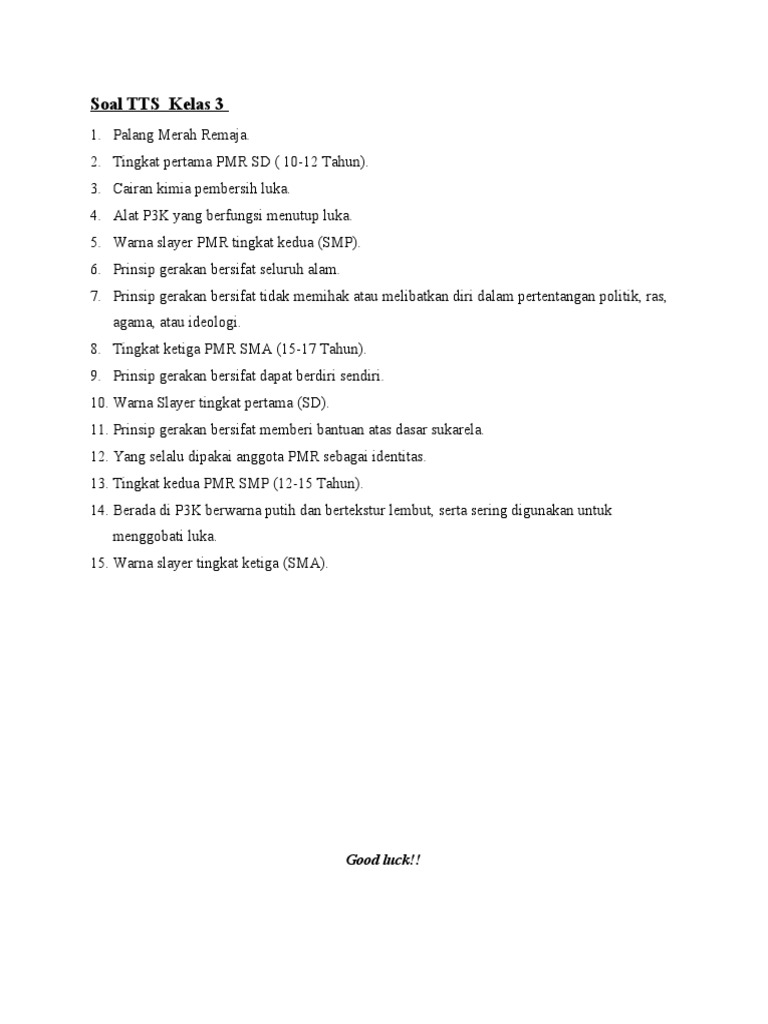 Soal TTS Kelas 3 (PMR) | PDF