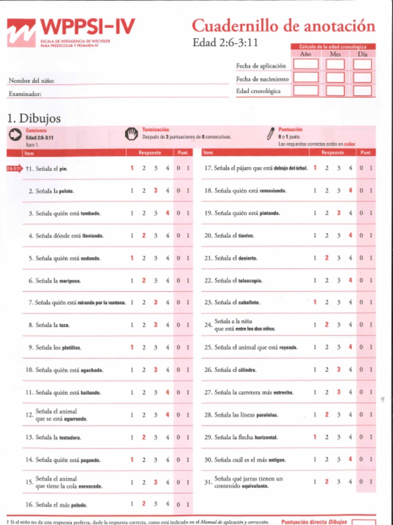 Wppsi IV Cuadernillo Anot2 | PDF