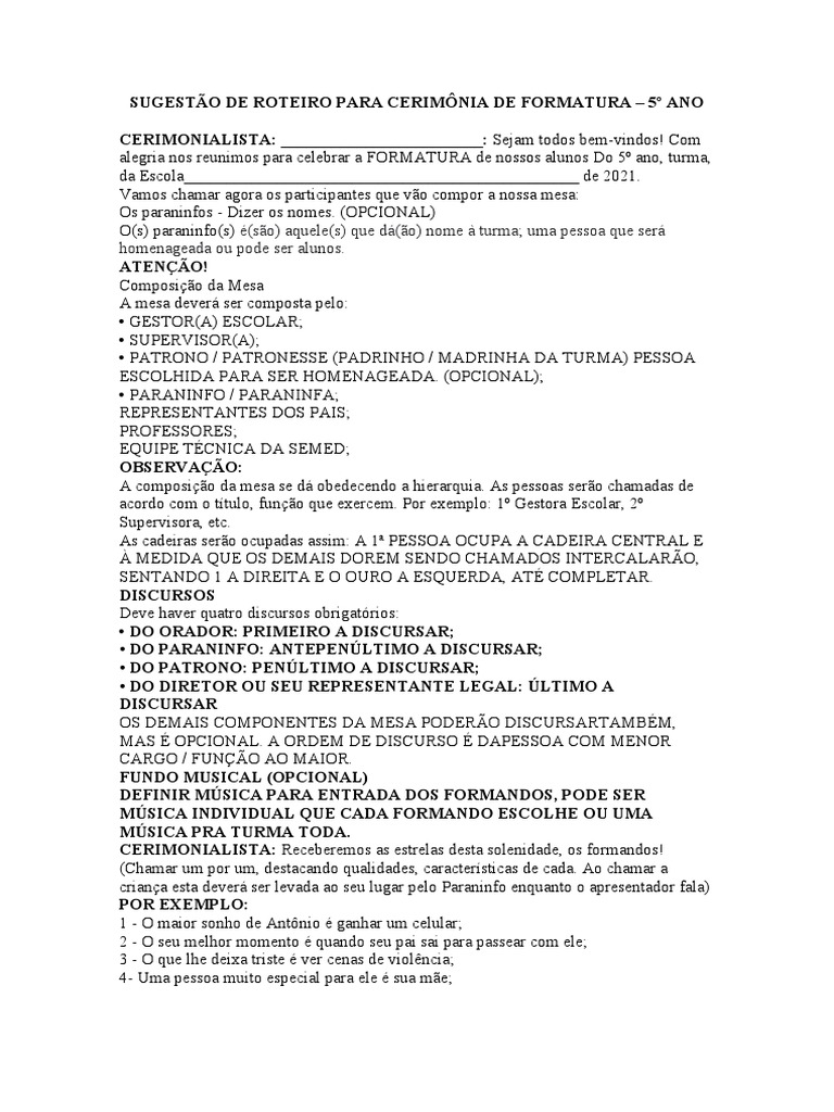 Sugestão de Roteiro para Cerimônia de Formatura 5º Ano - 092804 | PDF | Amor | Anjo