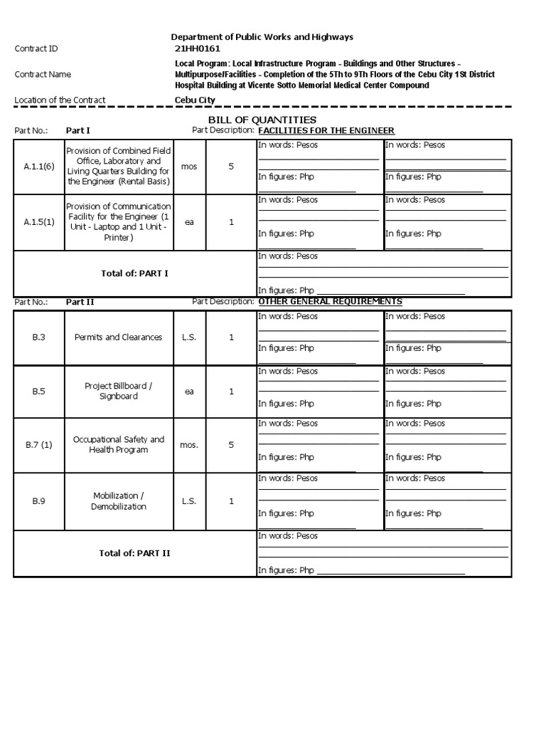 Bill of Quantities: Department of Public Works and Highways 21HH0161 ...