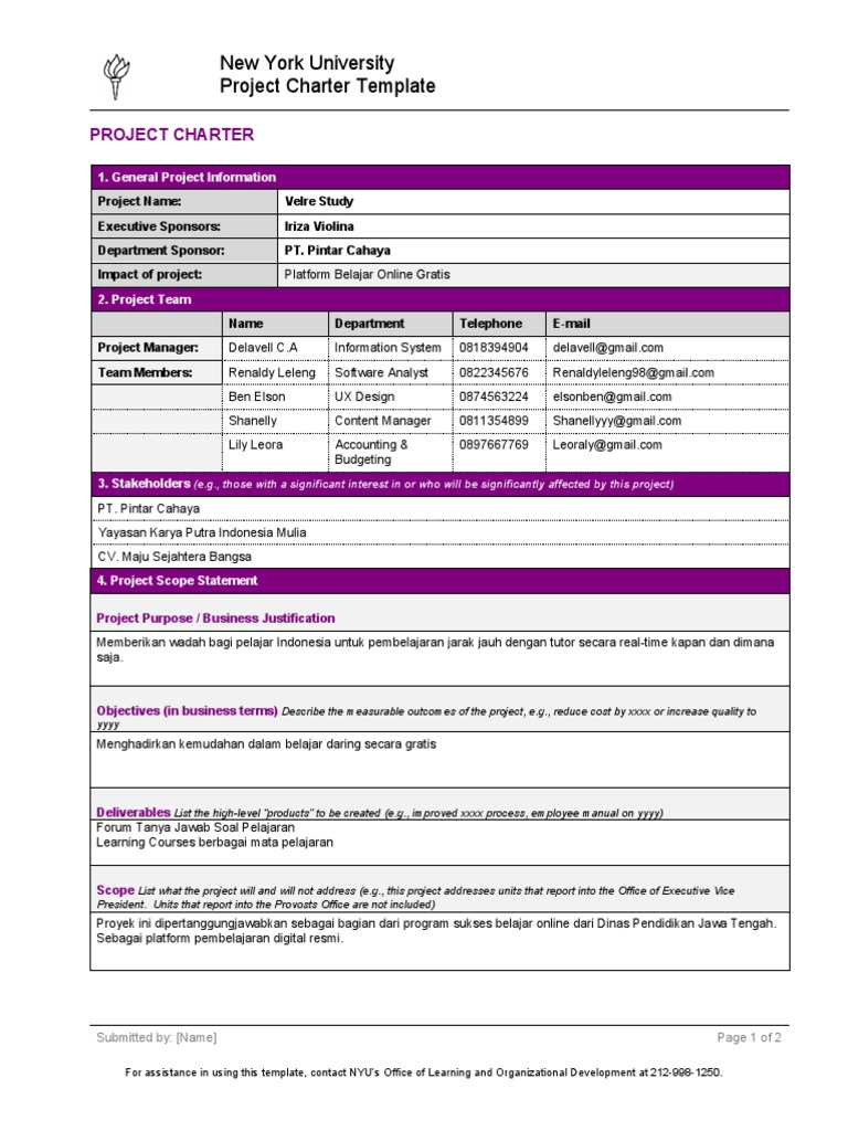 NYU Project Charter Template Guide | PDF | Business | Economies