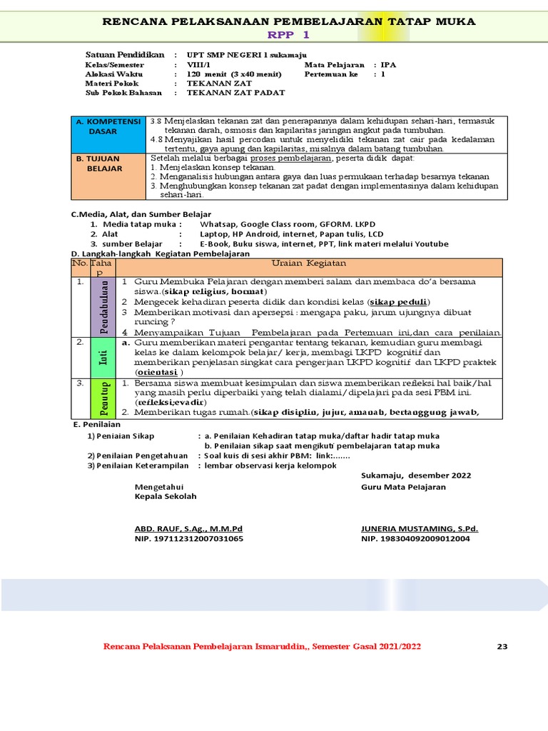 RPP Tekanan Zat Padat - KLS 8 SMTR Genap | PDF | Karier & Perkembangan