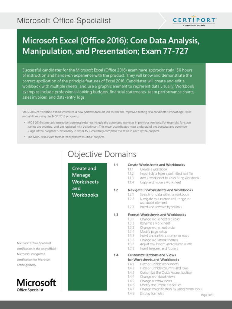 MOS - Excel 2016 Exam Objectives | PDF | Microsoft Excel | Worksheet
