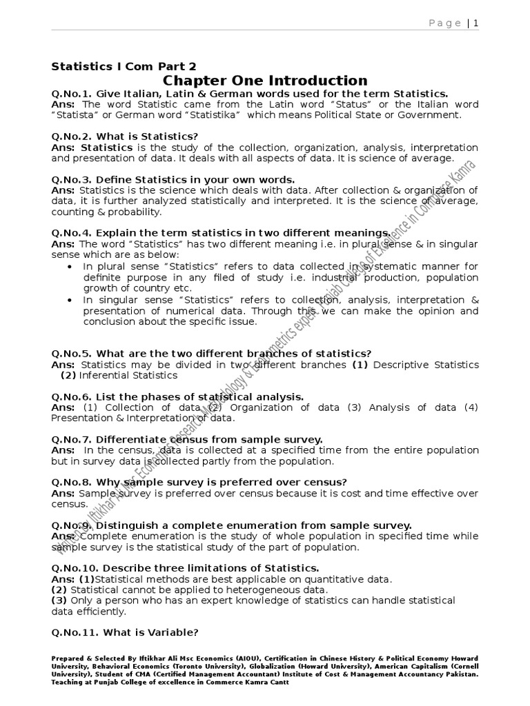 Chapter One Introduction: Statistics I Com Part 2 | PDF | Mean | Statistics