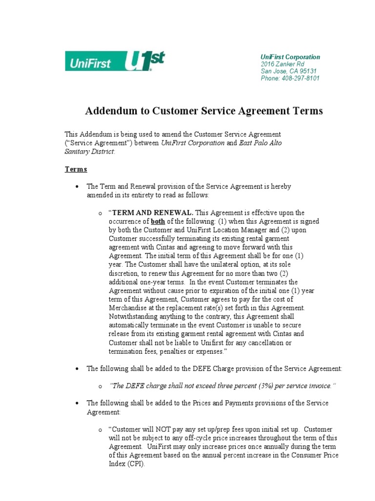 Addendum To Customer Service Agreement Terms: Sanitary District | PDF ...