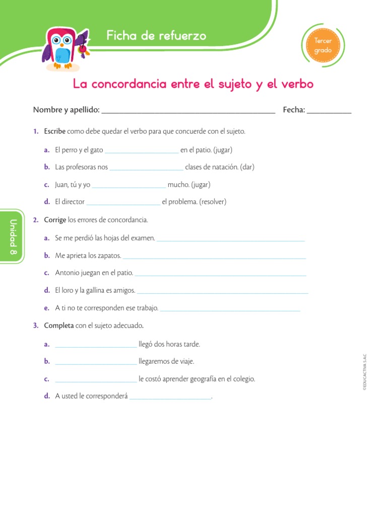 Ficha de Refuerzo Concordancia Entre Sujeto y Verbo | PDF