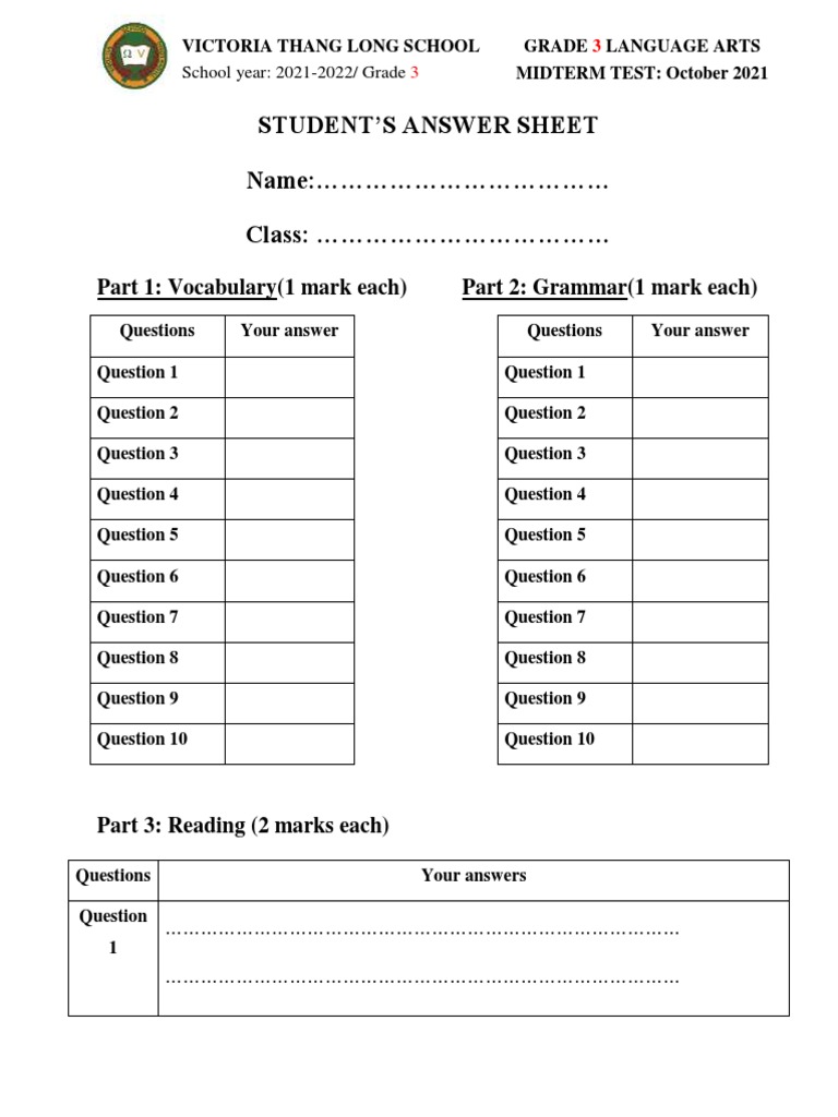 Grade 3 Language Arts Midterm Test | PDF | Standardized Tests ...