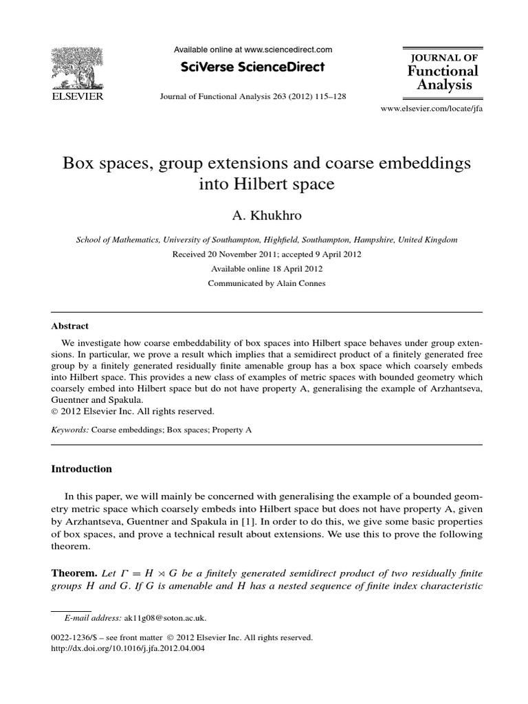 Box Spaces, Group Extensions and Coarse Embeddings Into Hilbert Space | PDF | Group (Mathematics ...