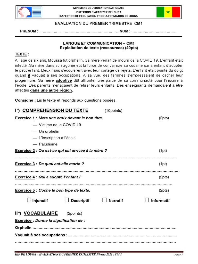 CM1 - Evaluations Du 1re Trimestre 20-21 | PDF | Phrase | Verbe