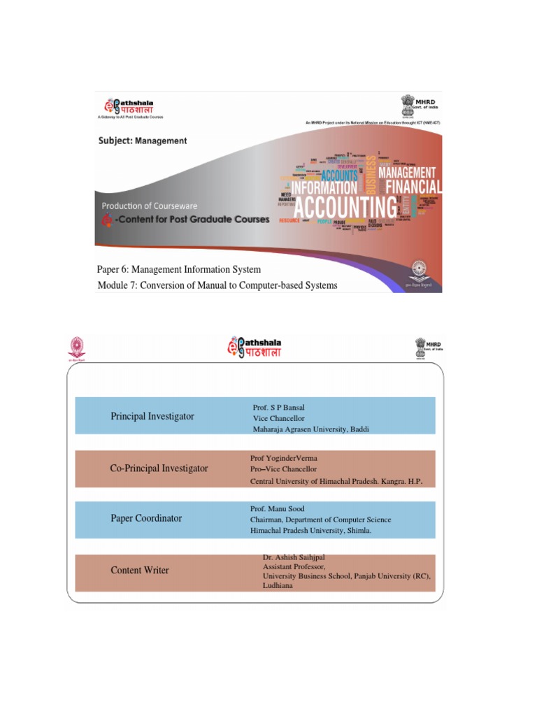 Paper 6: Management Information System Module 7: Conversion of Manual To Computer-Based Systems ...