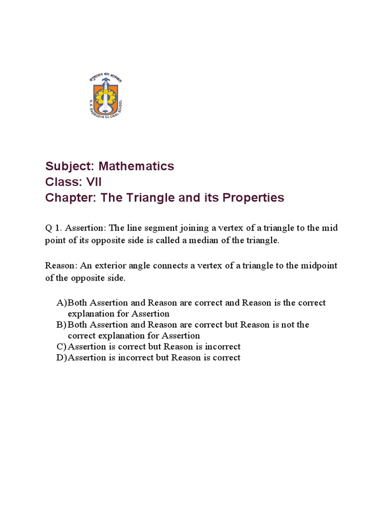 Triangle Properties for Class 7 Worksheets | PDF | Triangle | Mathematics