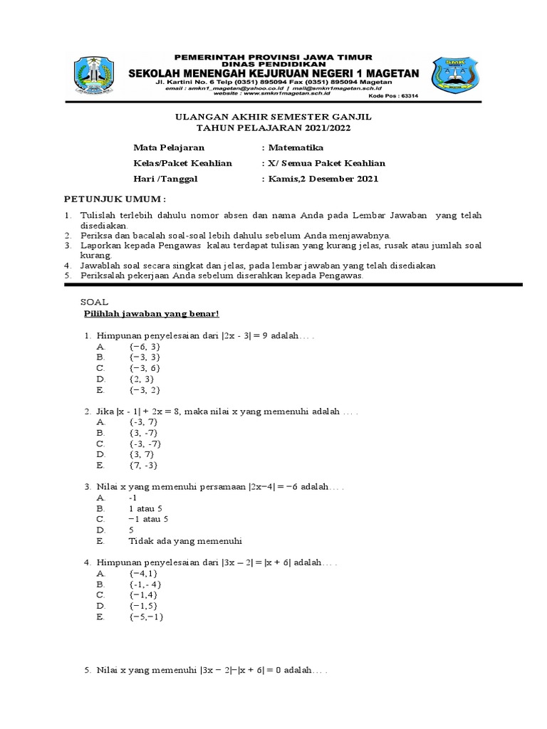 Soal Uas MTK Kls X Ganjil 2021-2022 | PDF