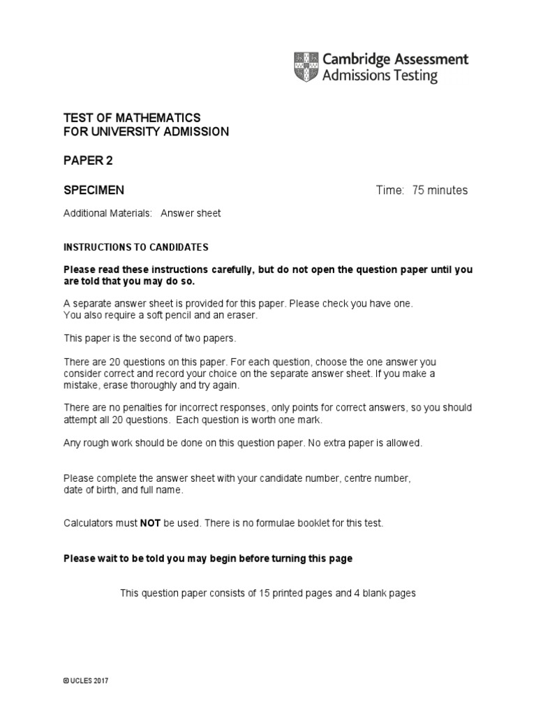 Test of Mathematics For University Admission Paper 2 Specimen | PDF ...