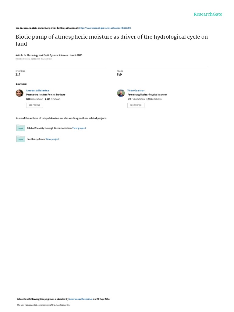 Biotic Pump of Atmospheric Moisture As Driver of The Hydrological Cycle ...