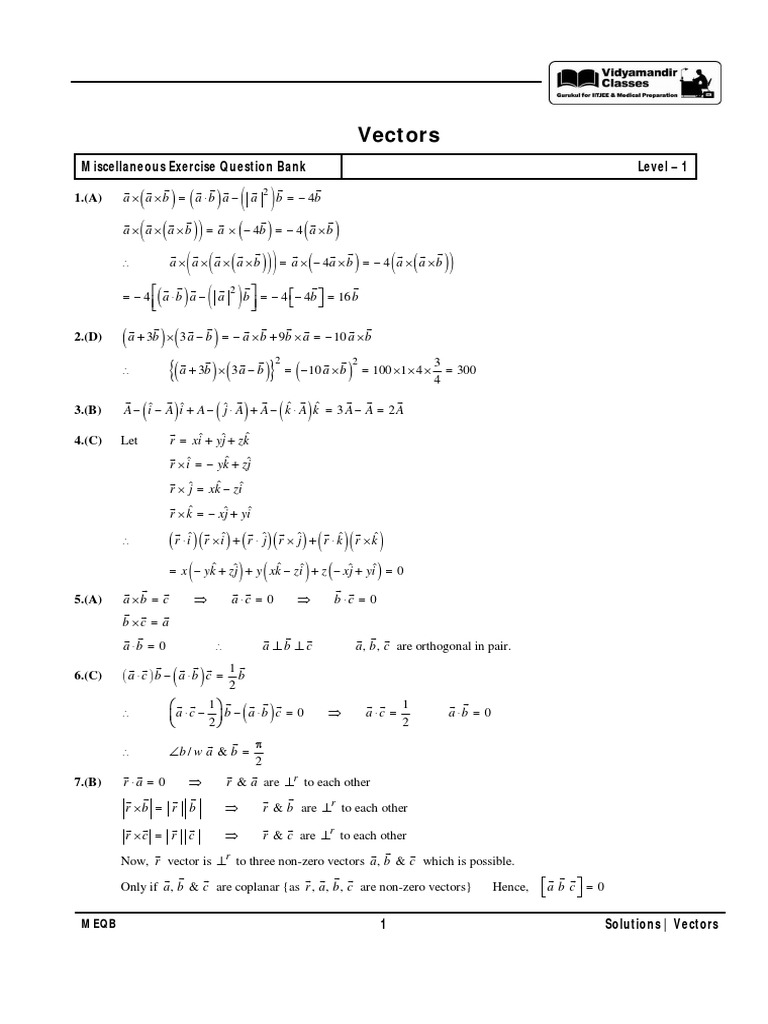 Vectors Miscellaneous Exercise Solutions | PDF | Plane (Geometry ...
