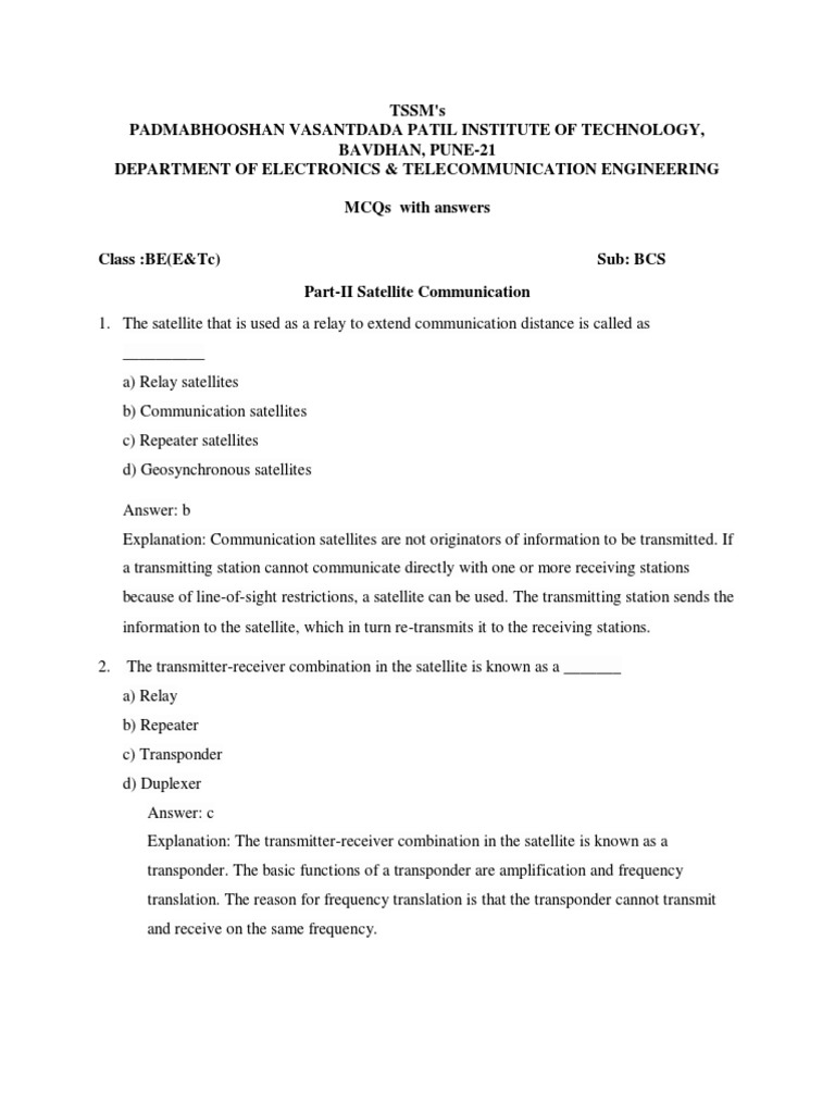 Satellite Communication MCQs and Answers | PDF | Communications ...