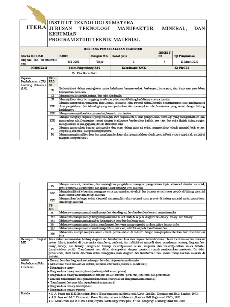 RPS Teknik Material: Diagram Fasa | PDF | Metode & Bahan Ajar | Seni