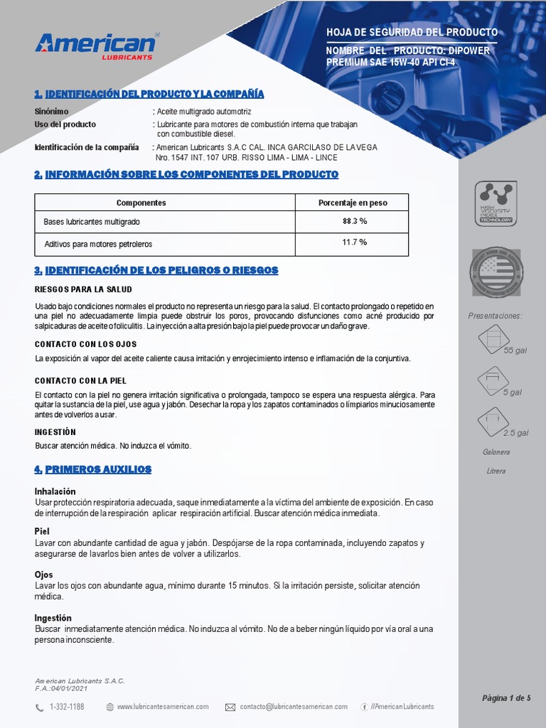 American Dipower Premium Sae 15W-40 MSDS | PDF | Agua | Contaminación