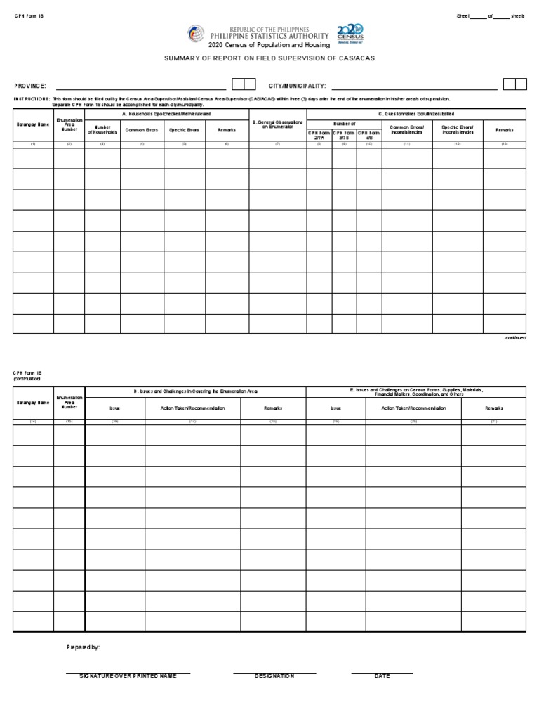 CPH Form 18 Summary Report On Field Supervision | PDF | Census | Survey Methodology