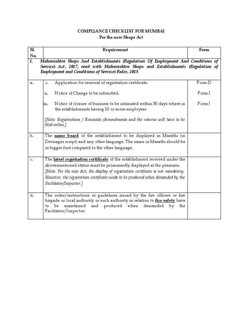 Labour Compliance Checklist For Mumbai Per The New Shops Act | PDF ...