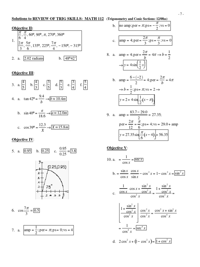 Trigonometry Review Solutions for MATH 112 | PDF | Trigonometric ...