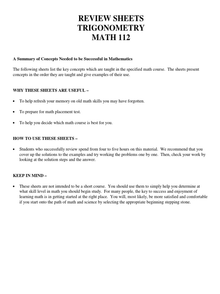 Math 112 Review Sheets | PDF | Sine | Trigonometric Functions