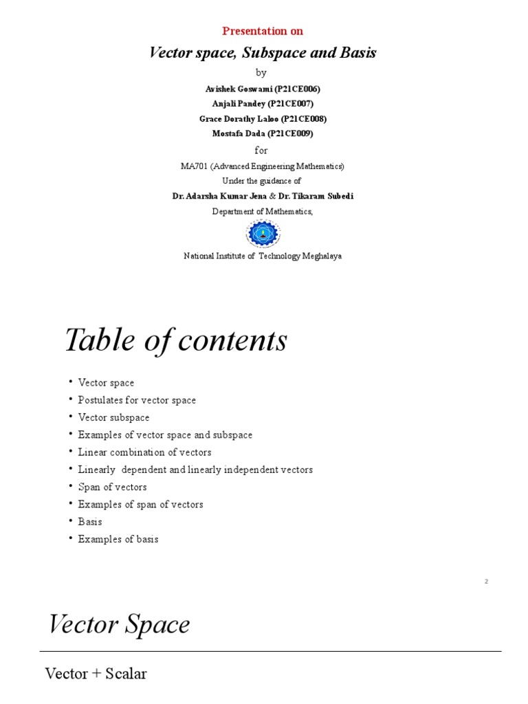 Vector Spaces, Subspaces, and Bases: A Presentation on Fundamental Linear Algebra Concepts | PDF ...
