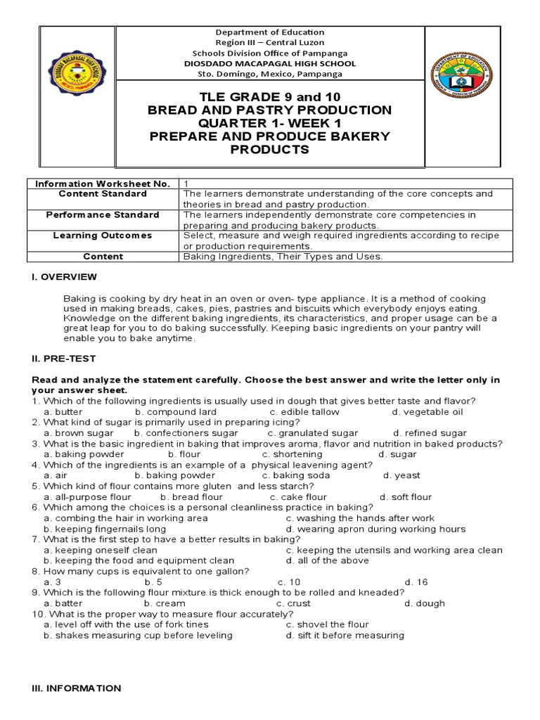 TLE GRADE 9 and 10 Bread and Pastry Production Quarter 1-Week 1 Prepare and Produce Bakery ...
