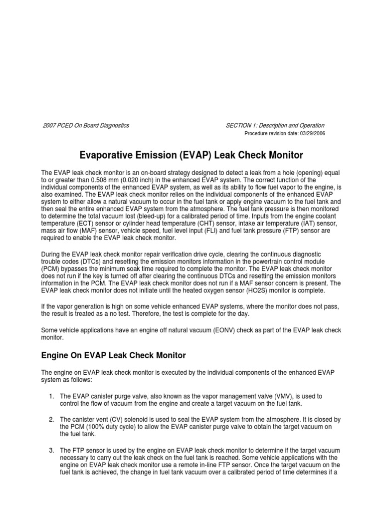 Evaporative Emission (EVAP) Leak Check Monitor | PDF | Leak | Vacuum