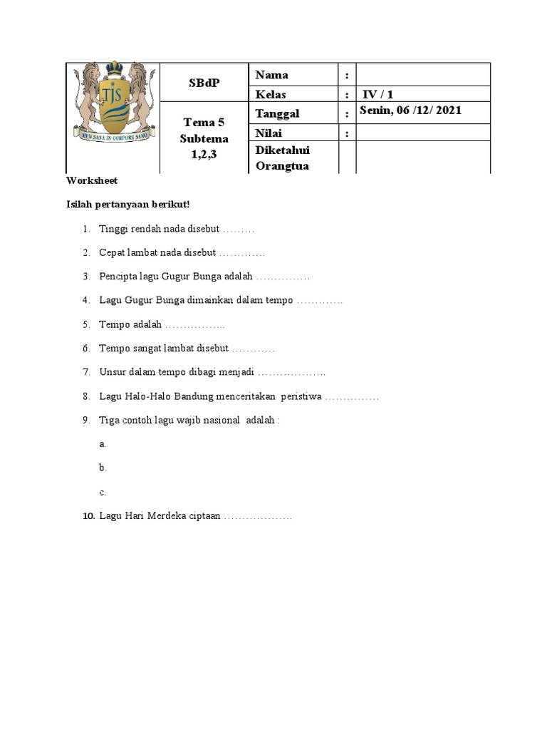 Worksheet SBdP Kelas IV Tema 5 | PDF