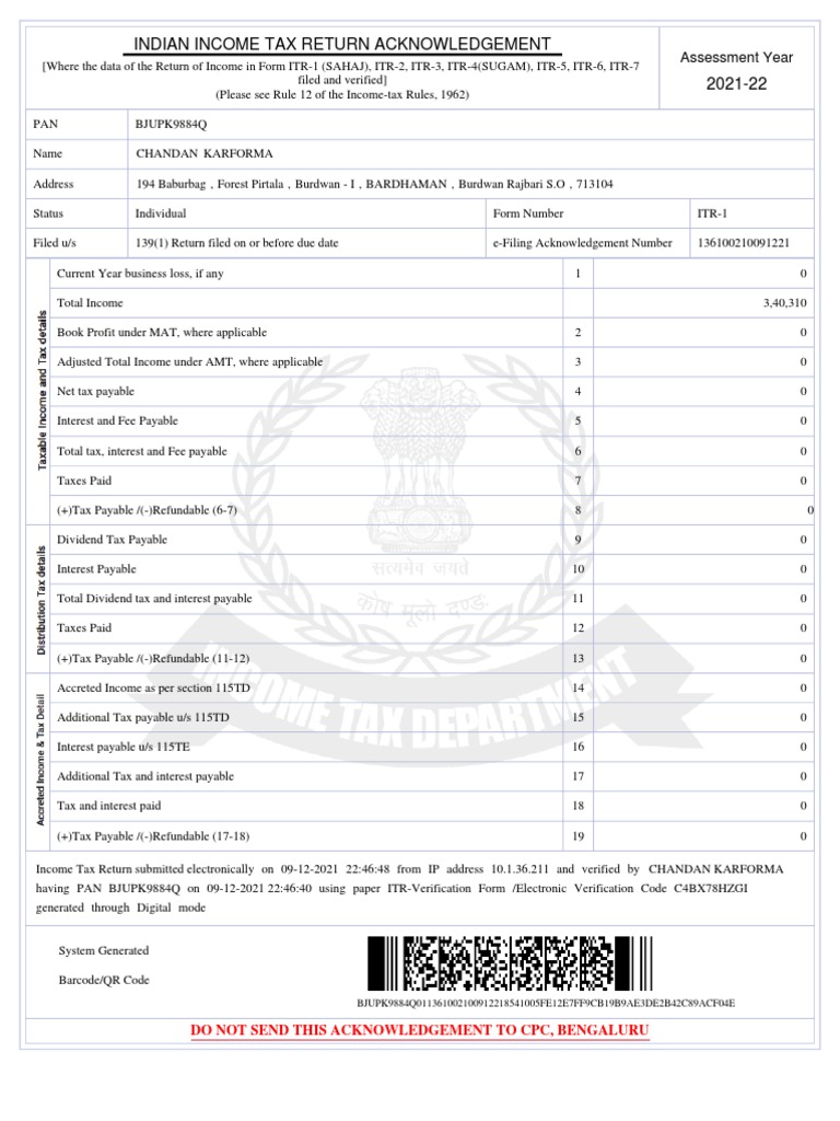 Indian Income Tax Return Acknowledgement 2021-22: Assessment Year | PDF ...