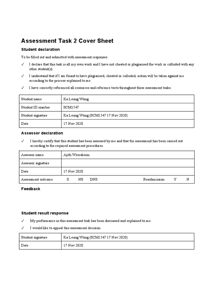 Assessment Task 2 Cover Sheet: Student Declaration | PDF | Risk ...