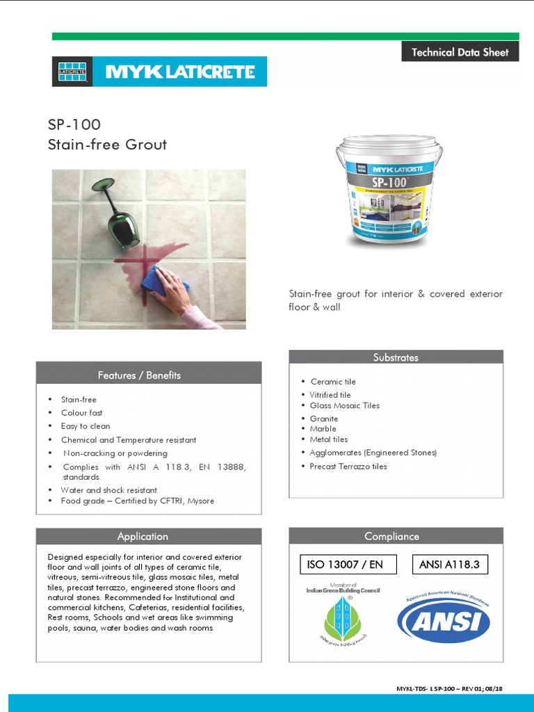 SP-100 Stain-Free Grout: Technical Data Sheet | PDF | Sodium | Tile