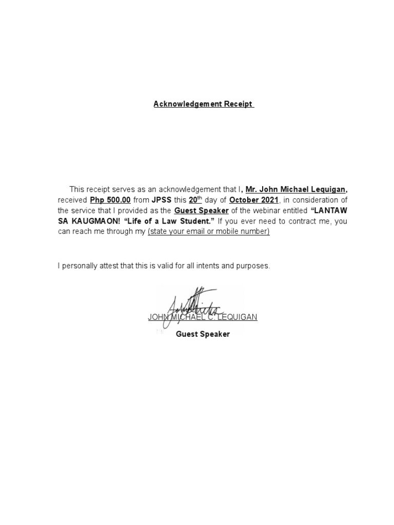 Acknowledgement Receipt of The Guest Speaker | PDF