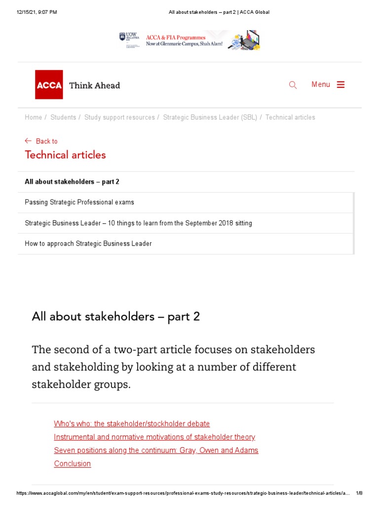 All About Stakeholders - Part 2 - ACCA Global | PDF | Stakeholder ...