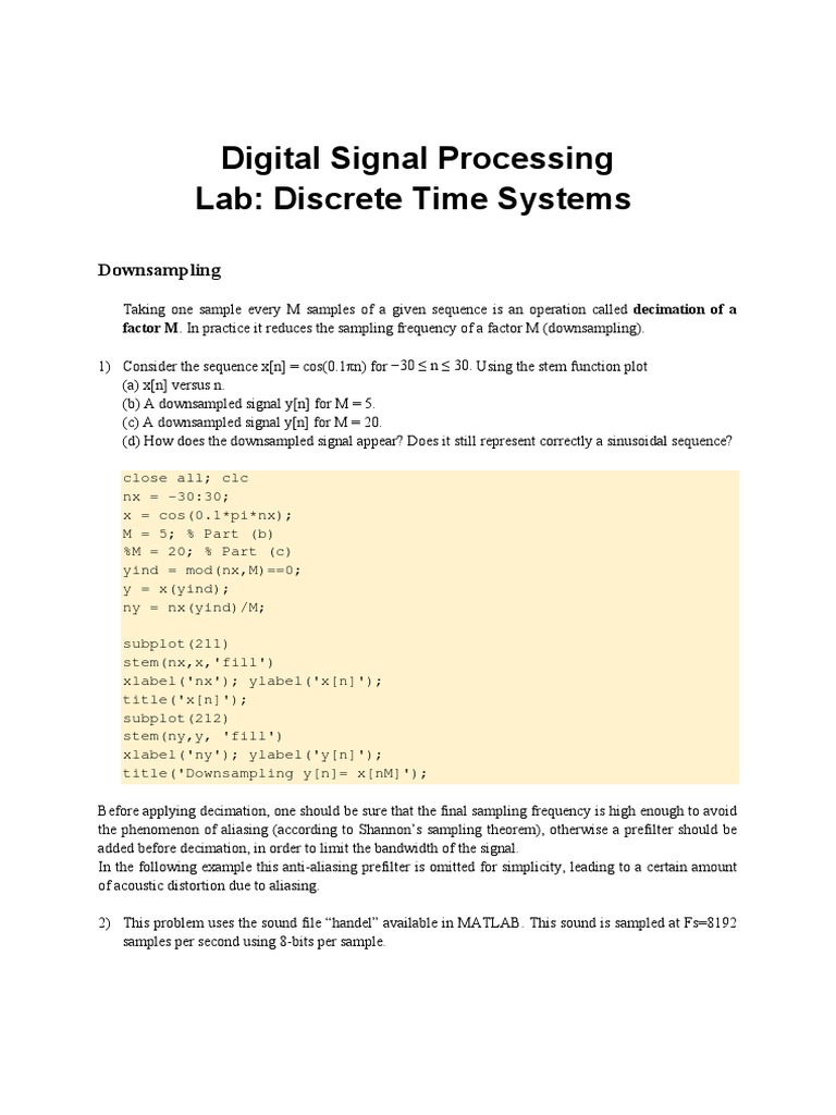 Digital Signal Processing Lab: Discrete Time Systems: Downsampling | PDF | Sampling (Signal ...
