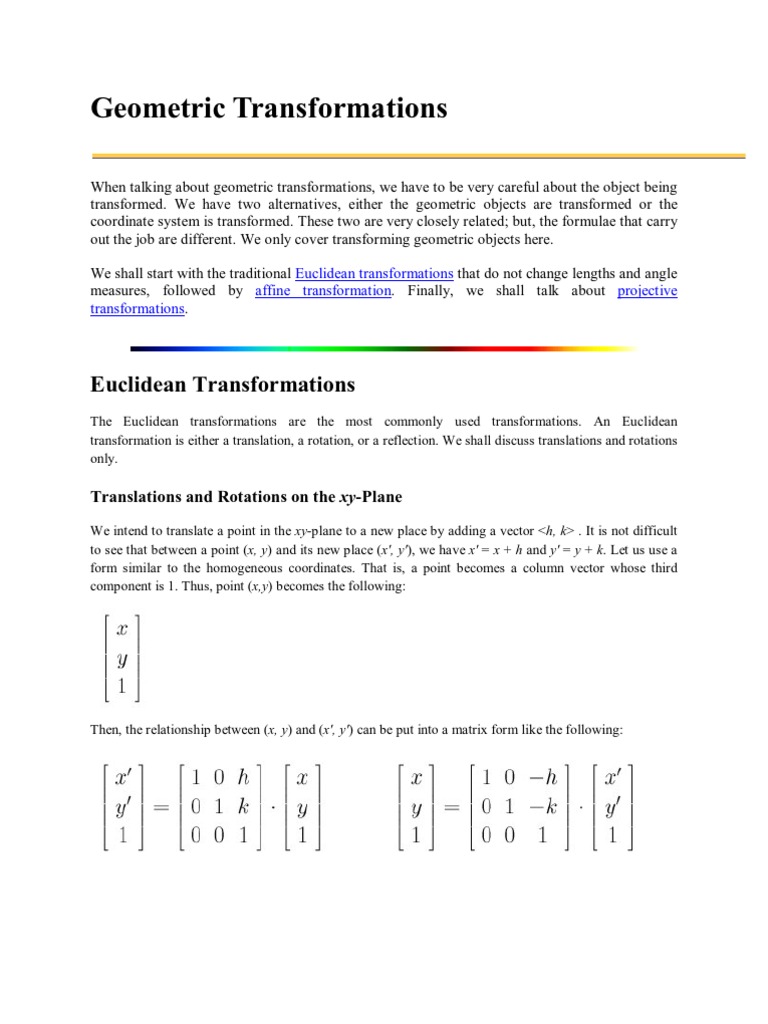 Euclidean Transformations Affine Transformation Projective Transformations Pdf Rotation
