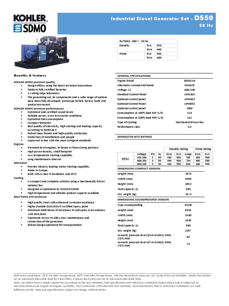Sdmo Kohler Generator Model D550 | PDF | Diesel Engine | Engines