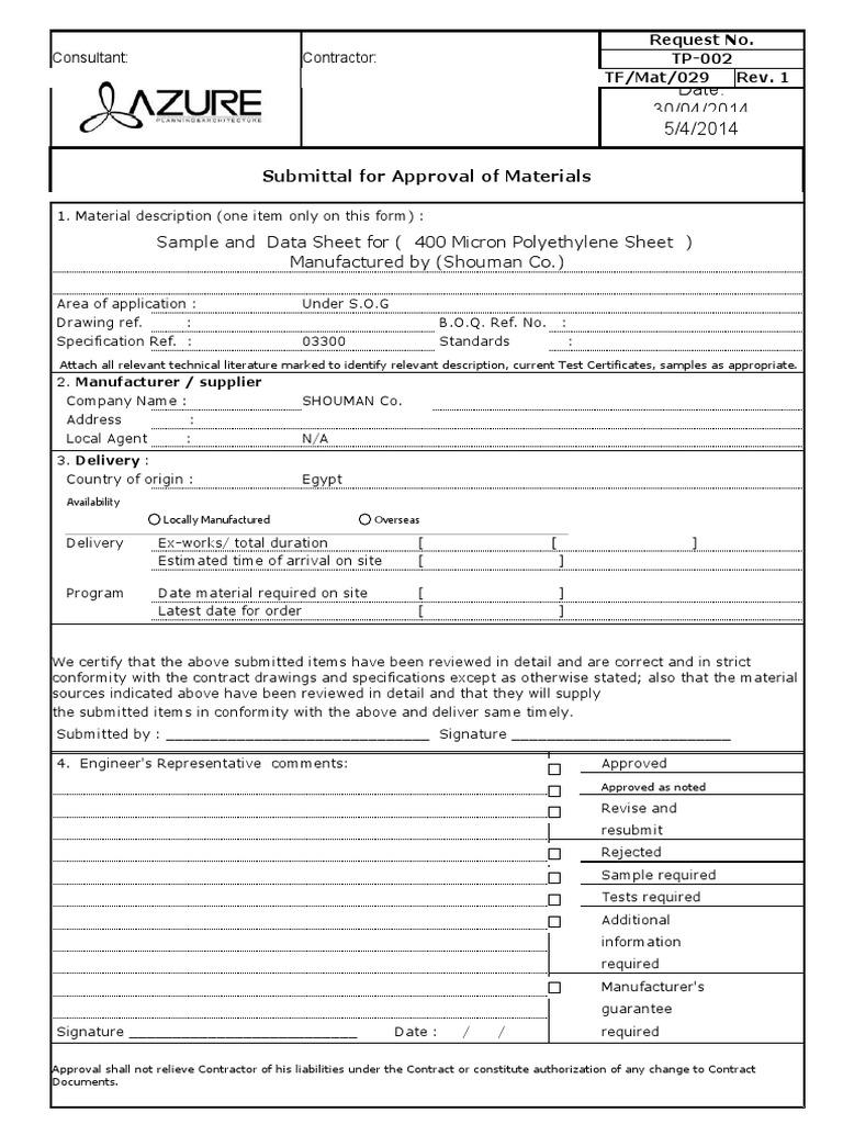 Sample and Data Sheet For (400 Micron Polyethylene Sheet) Manufactured ...