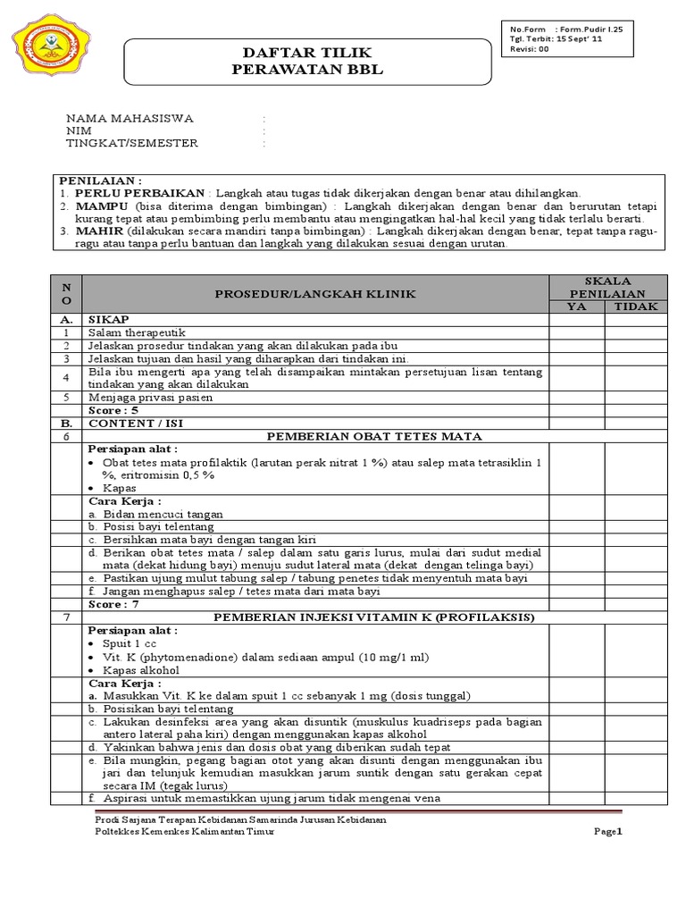 Daftar Tilik Perawatan BBL | PDF