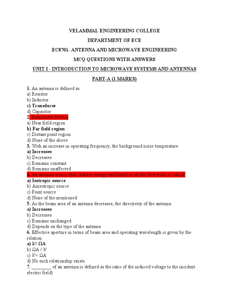Velammal EC8701 MCQ Questions on Antenna and Microwave Engineering ...