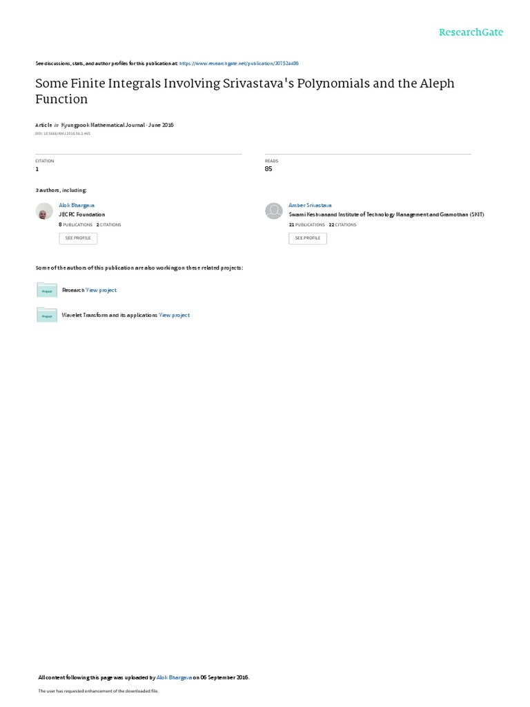 Some Finite Integrals Involving Srivastavas Polynomials And The Aleph Function Pdf Integral