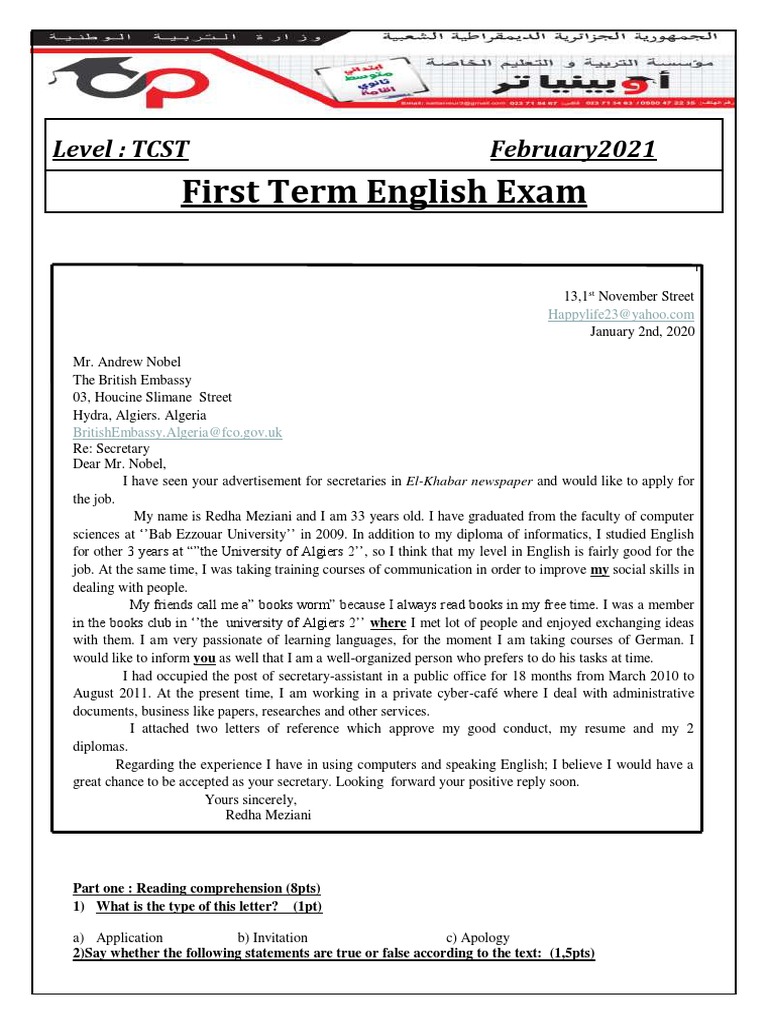 Dzexams 1as Anglais TCST - E1 20211 1021231 | PDF | English Language ...