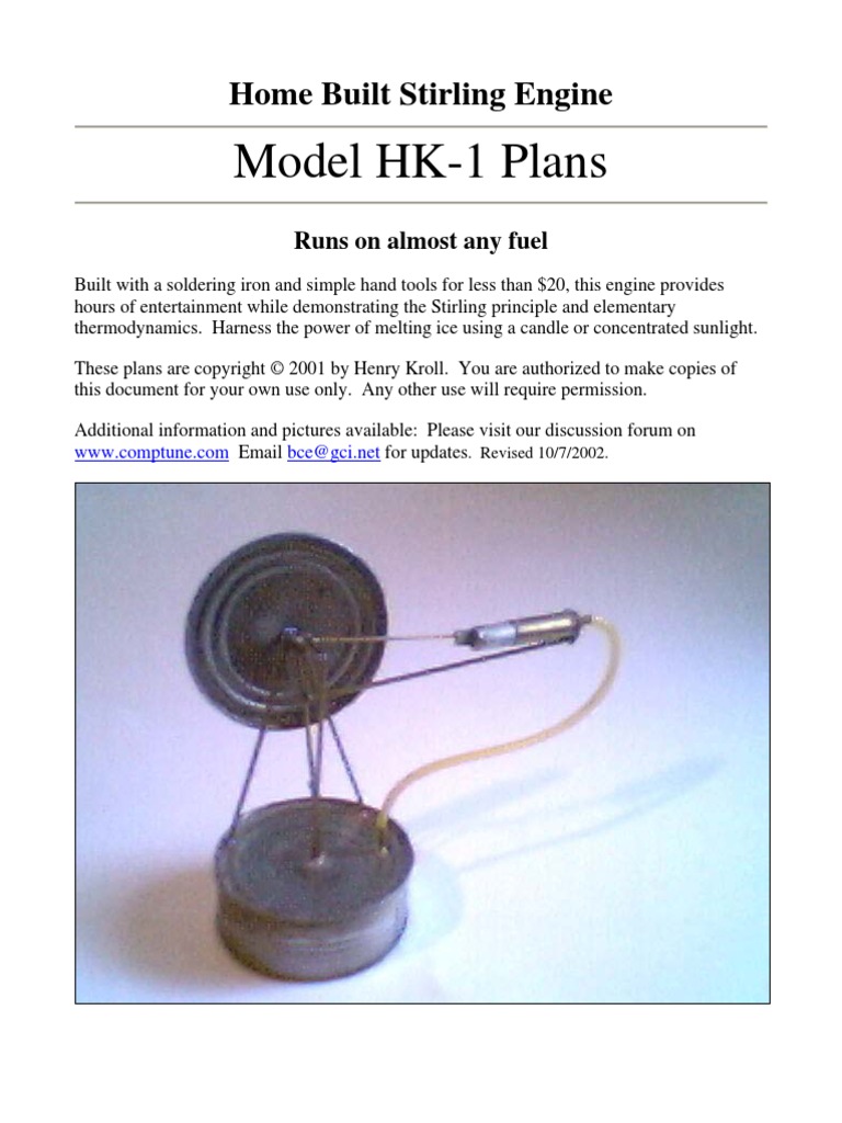Model HK-1 Plans: Home Built Stirling Engine | PDF