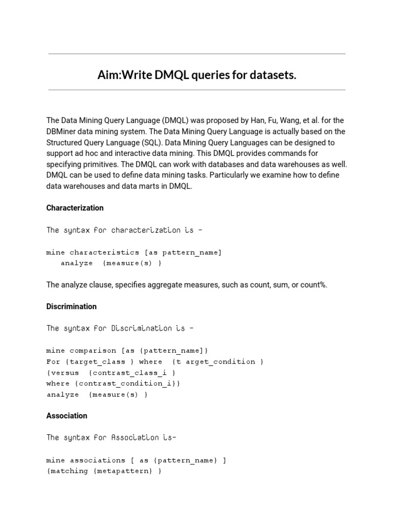 Aim:Write DMQL Queries For Datasets.: Characterization | PDF | Data Mining | Sql