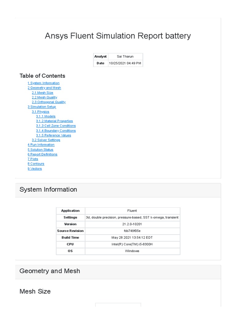 Ansys Fluent Simulation Report Battery | PDF | Thermal Conduction ...
