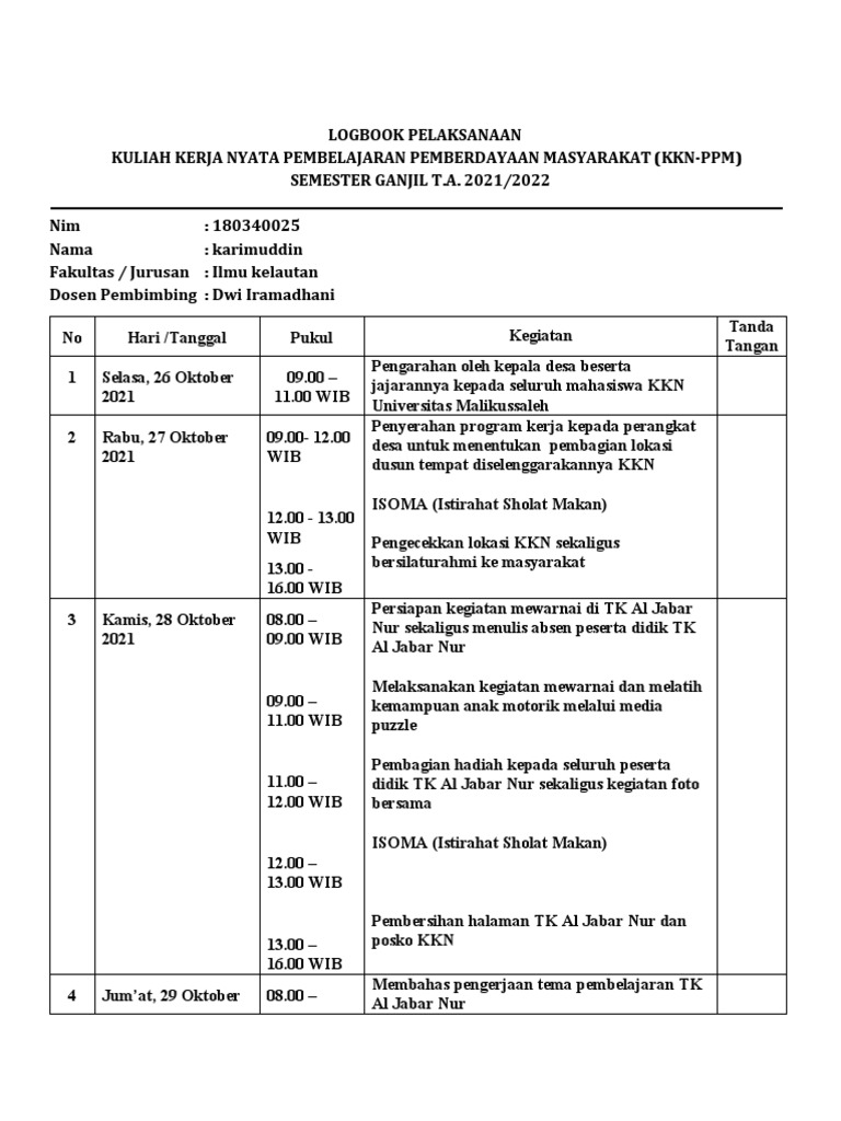 Logbook KKN Pemberdayaan Masyarakat 2021 | PDF